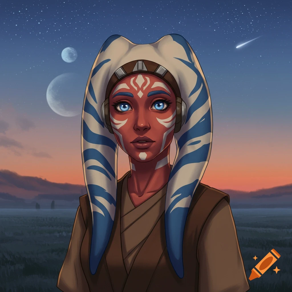 Anime portrait of a red-skinned Togruta woman with blue eyes and white ...