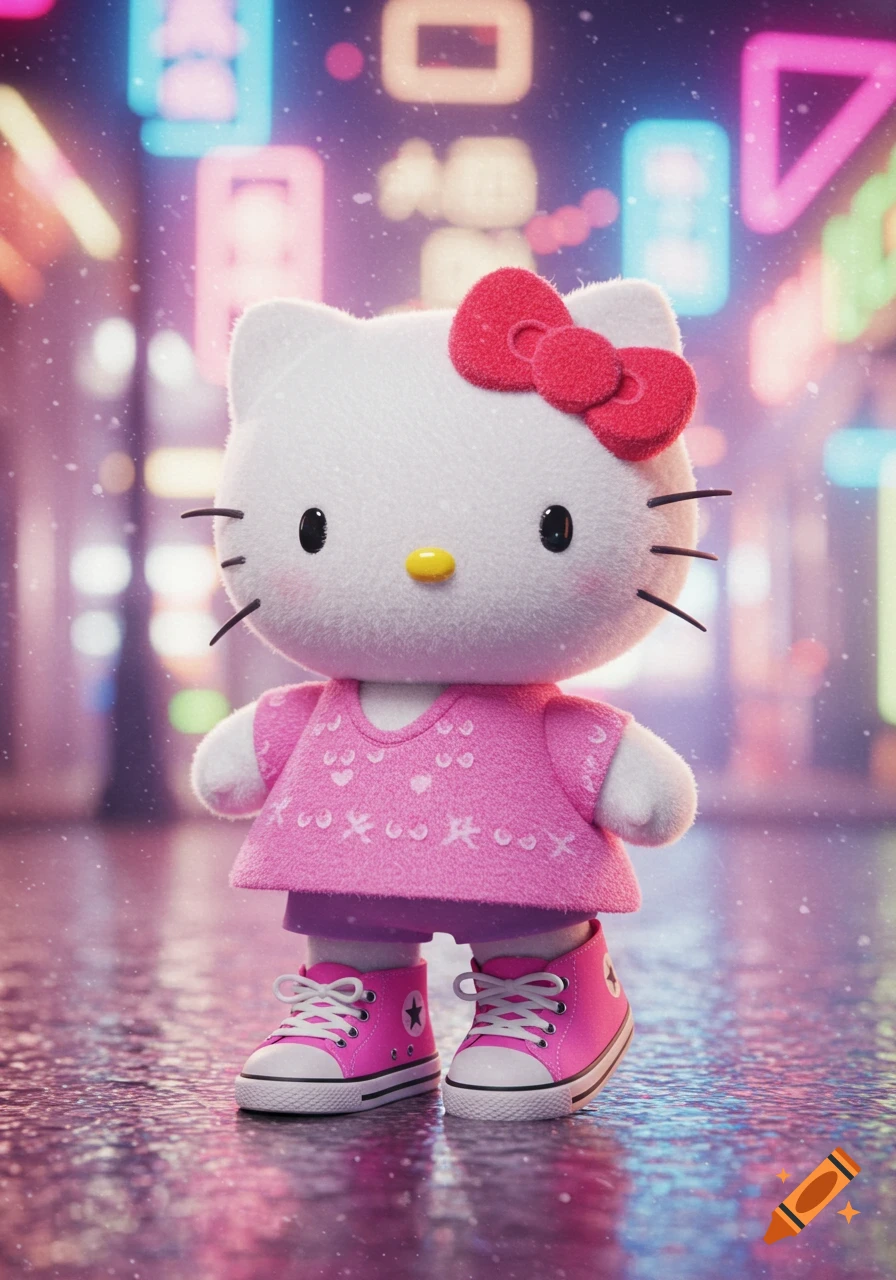 Hello Kitty in a pink top, shorts, and high-top sneakers stands on a ...