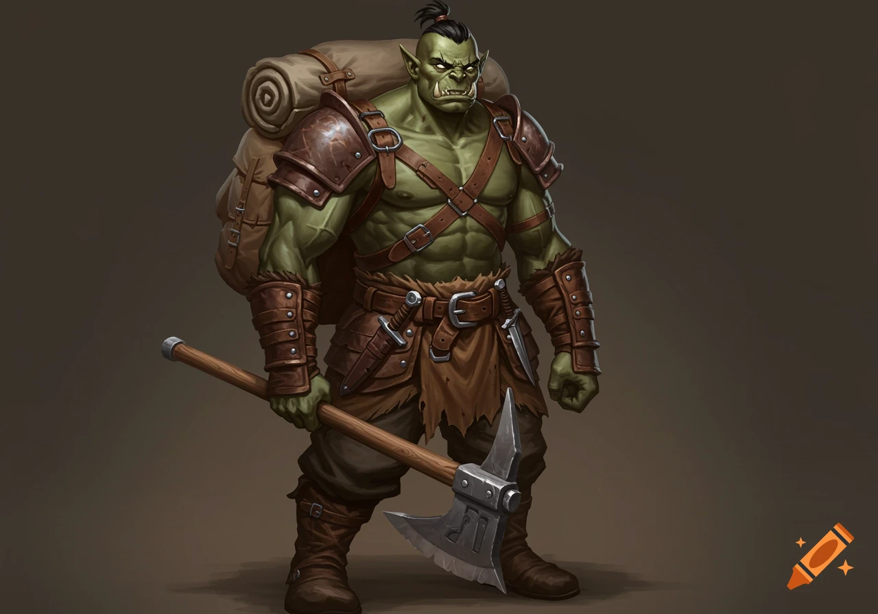 A massive, muscular green-skinned orc warrior in leather armor, gripping a greataxe, with a ...