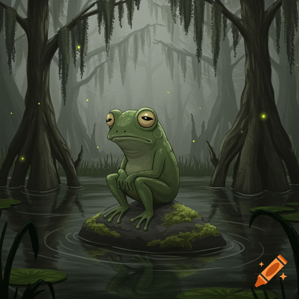 A goth frog in a black dress with an earring sits on a rock in a dark ...