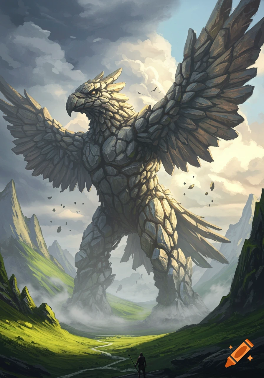 A gigantic eagle-shaped rock monster stands in a misty green valley ...