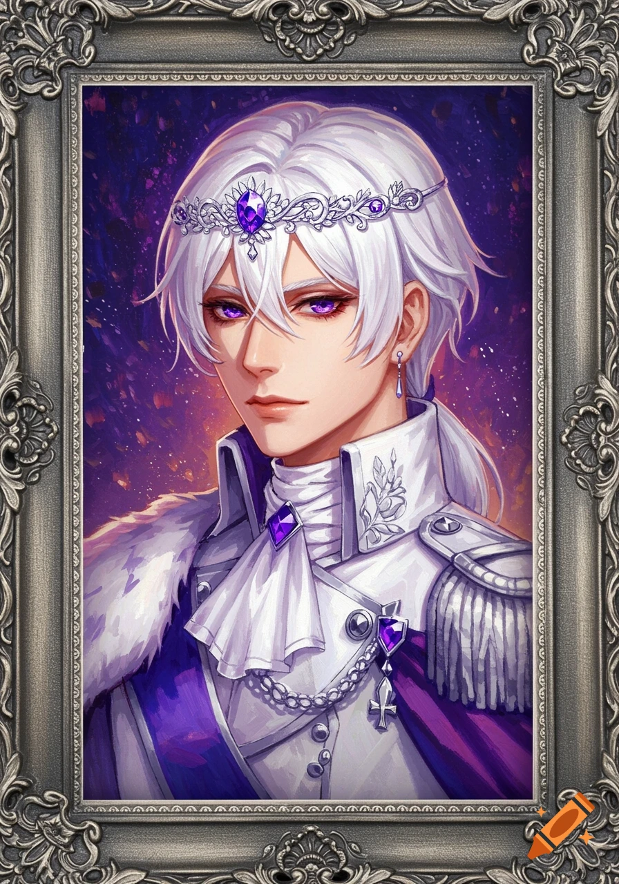 Portrait of an anime man with white hair and purple eyes in a white and ...