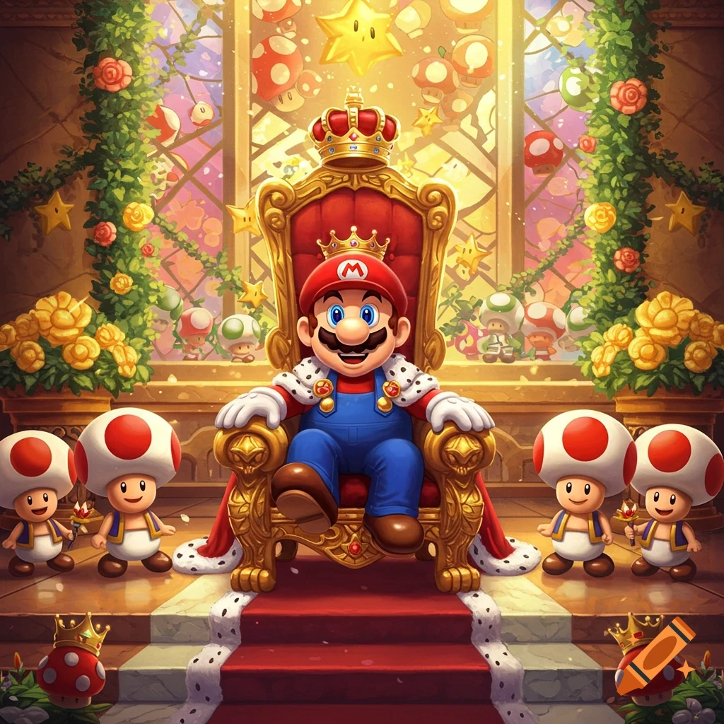 King Mario sits on a golden throne in a regal chamber, surrounded by ...