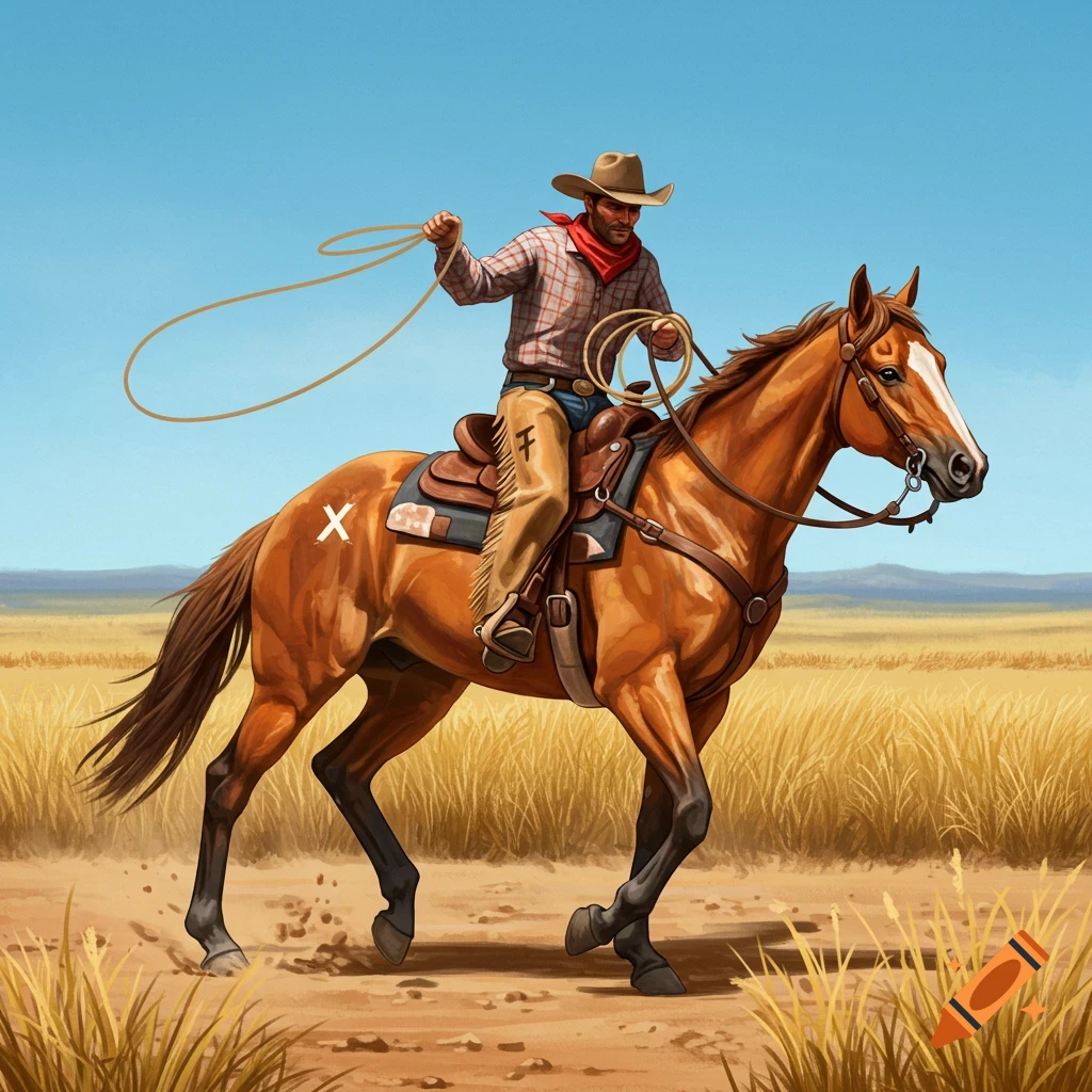 A startled cowboy stands below a rearing green horse, depicted in a ...