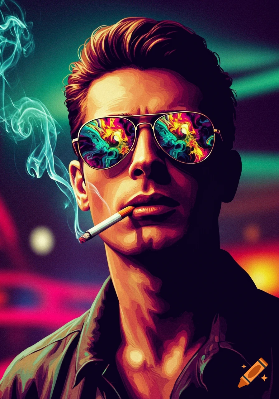 A man with aviator sunglasses reflecting psychedelic patterns, smoking ...