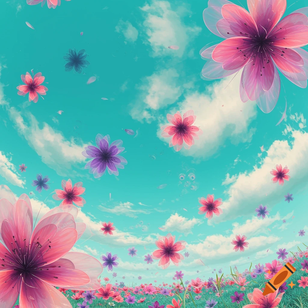 Abstract pink and purple flowers float against a vibrant turquoise sky with fluffy white clouds ...