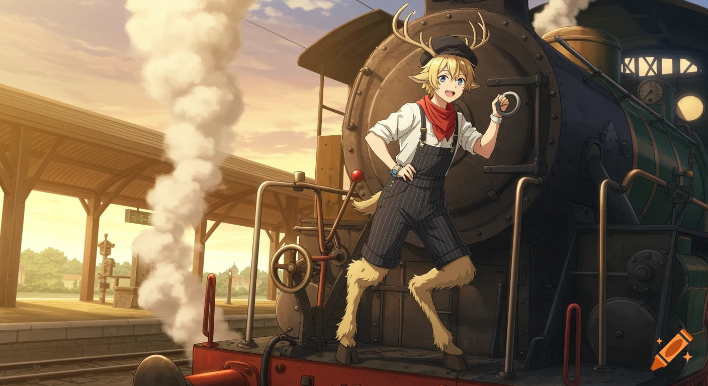 Anime-style blond satyr with antlers and hooves, wearing overalls ...