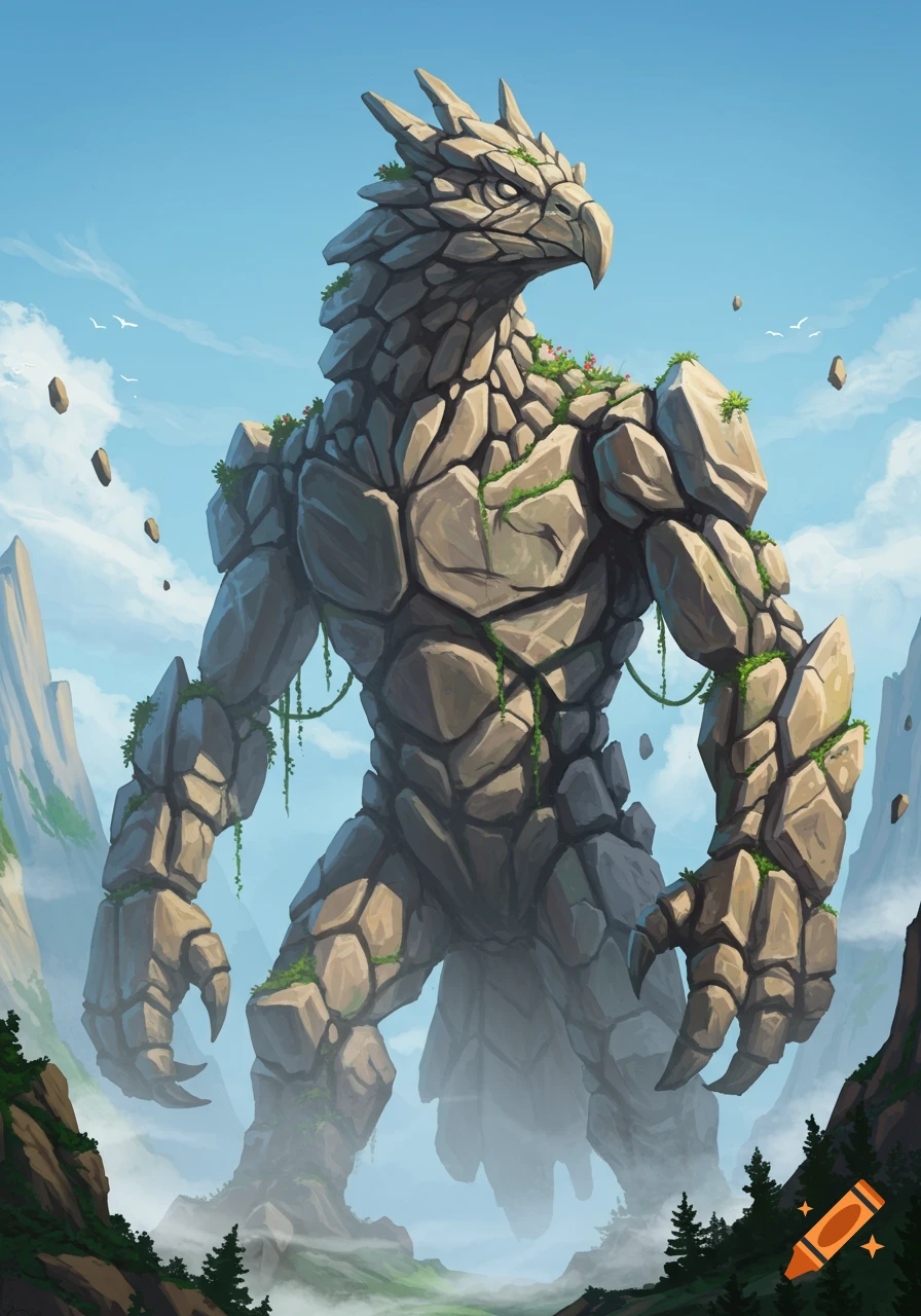 Three colossal rock monsters, resembling ancient bird-like golems ...