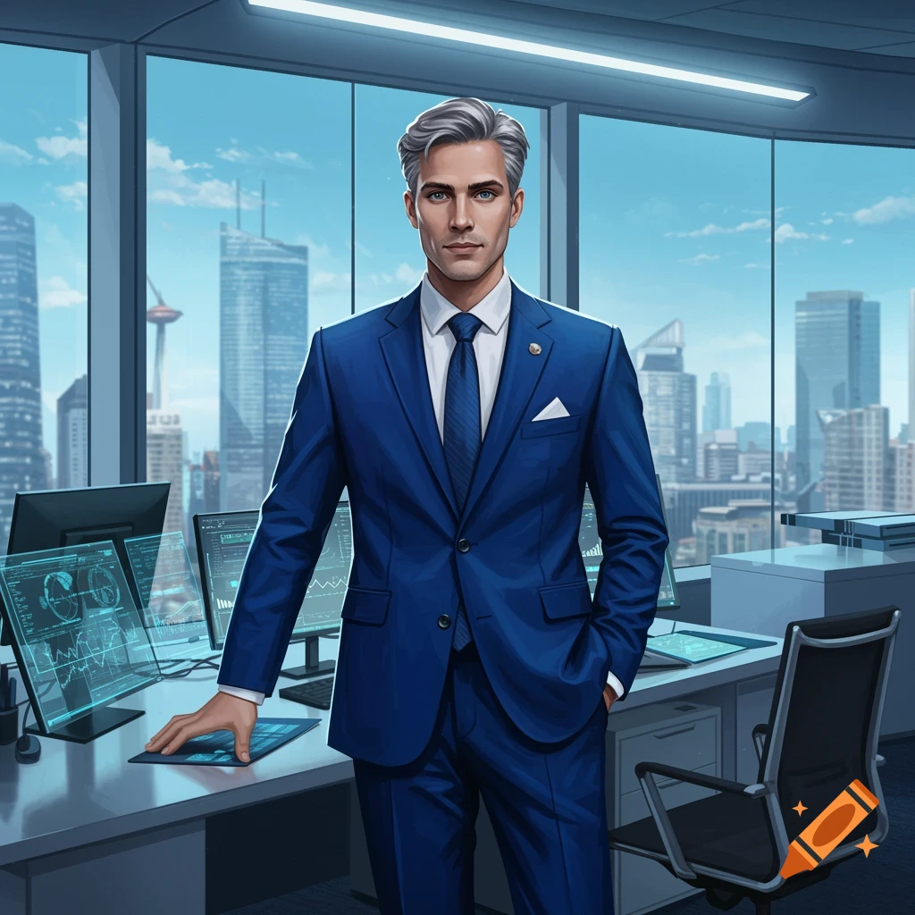 A man in a suit with a glowing green tentacle arm stands against a city ...