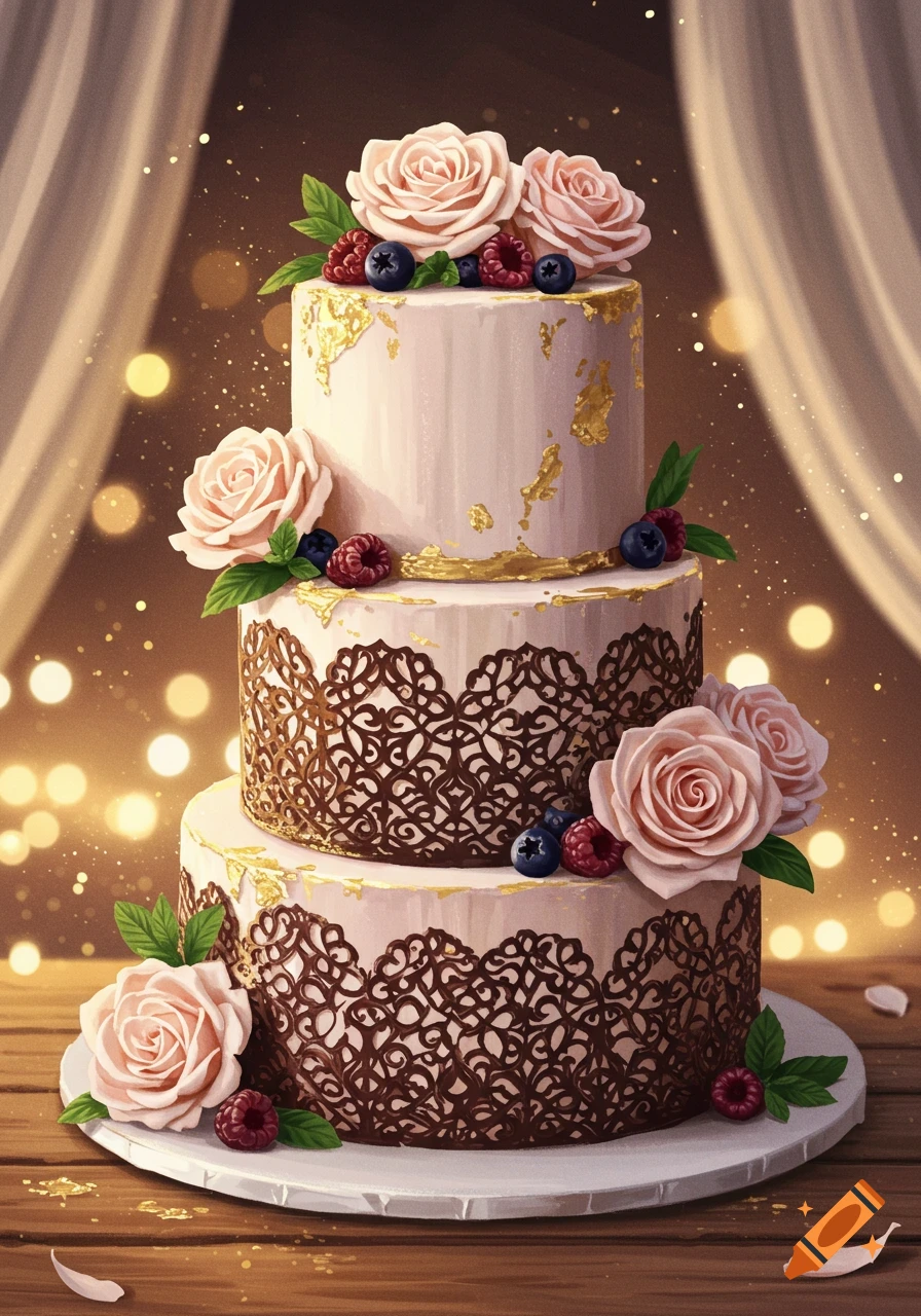 A three-tiered wedding cake, half vanilla with gold lace details, half ...