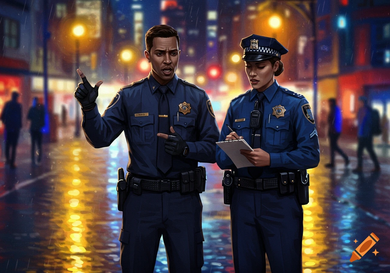 Two police officers, a male pointing and a female writing on a ...