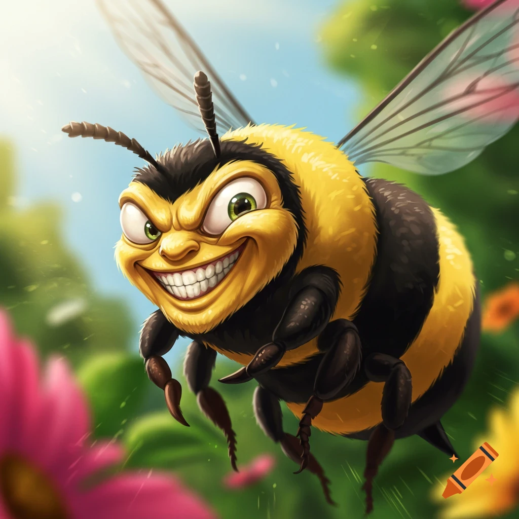 A friendly cartoon anthropomorphic honeybee with white gloves and black ...