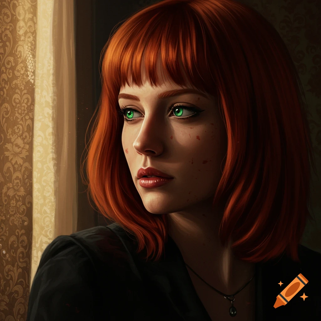 A red-haired woman with bangs and piercing green eyes looks intently to ...