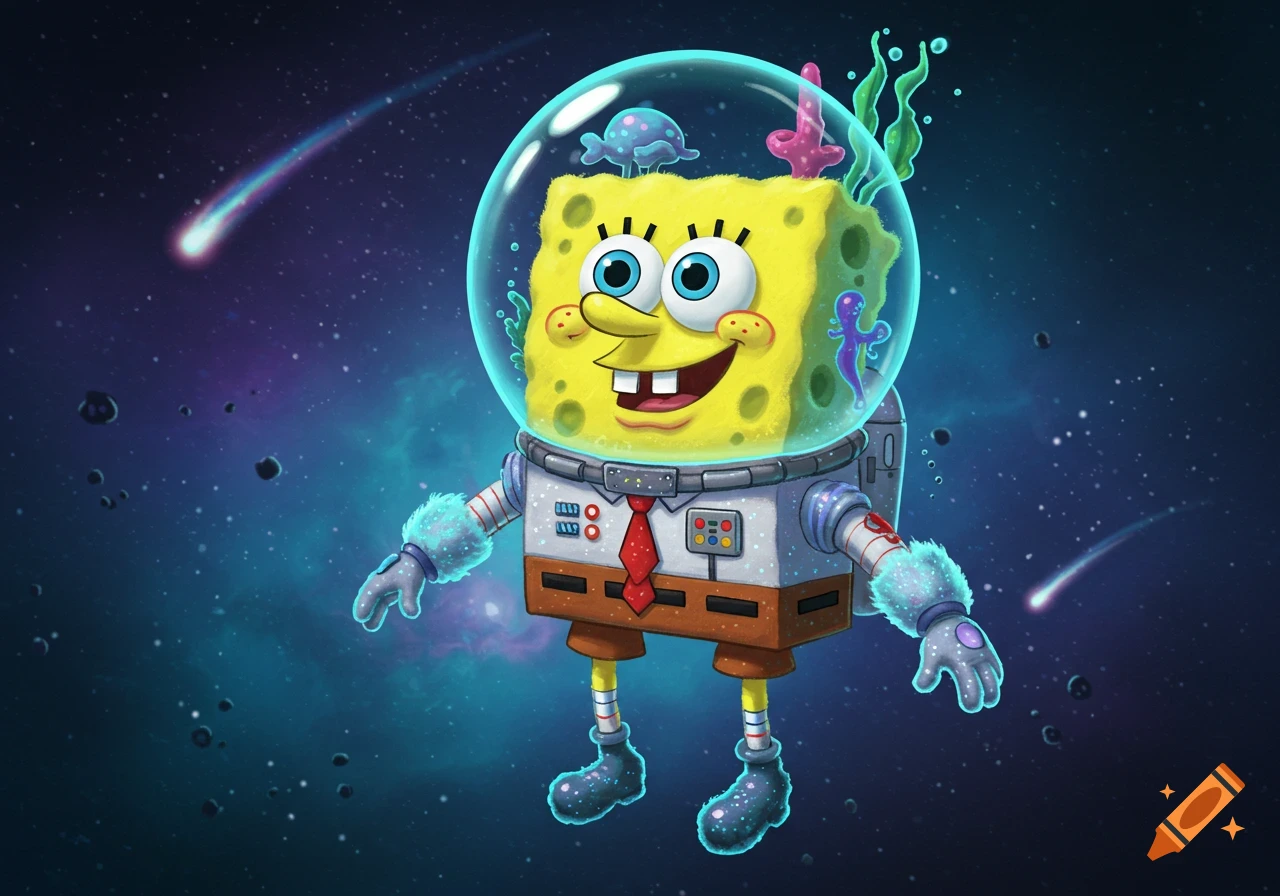 Two cheerful Spongebob SquarePants characters walk among pink seashells ...