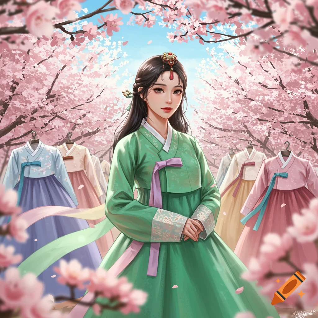 Illustrated fantasy: woman in pink Hanbok in a moonlit pond with ...