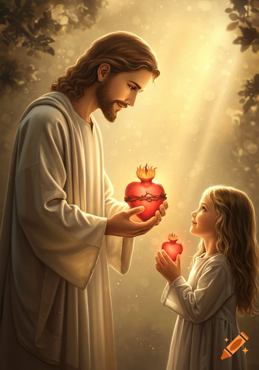 Jesus gives a glowing heart to a young girl in a warm golden light ...