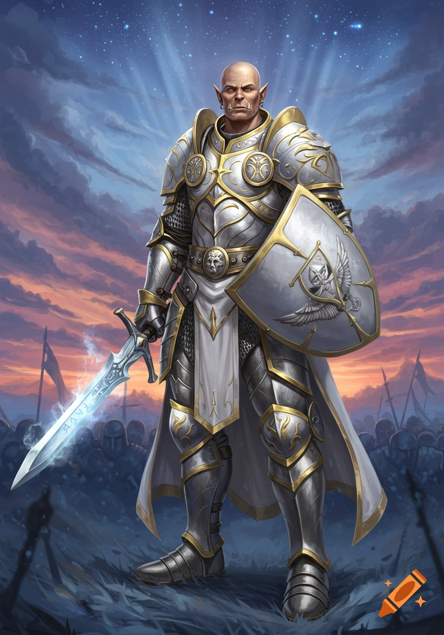 A majestic paladin in shining white and gold armor stands in a sunlit ...