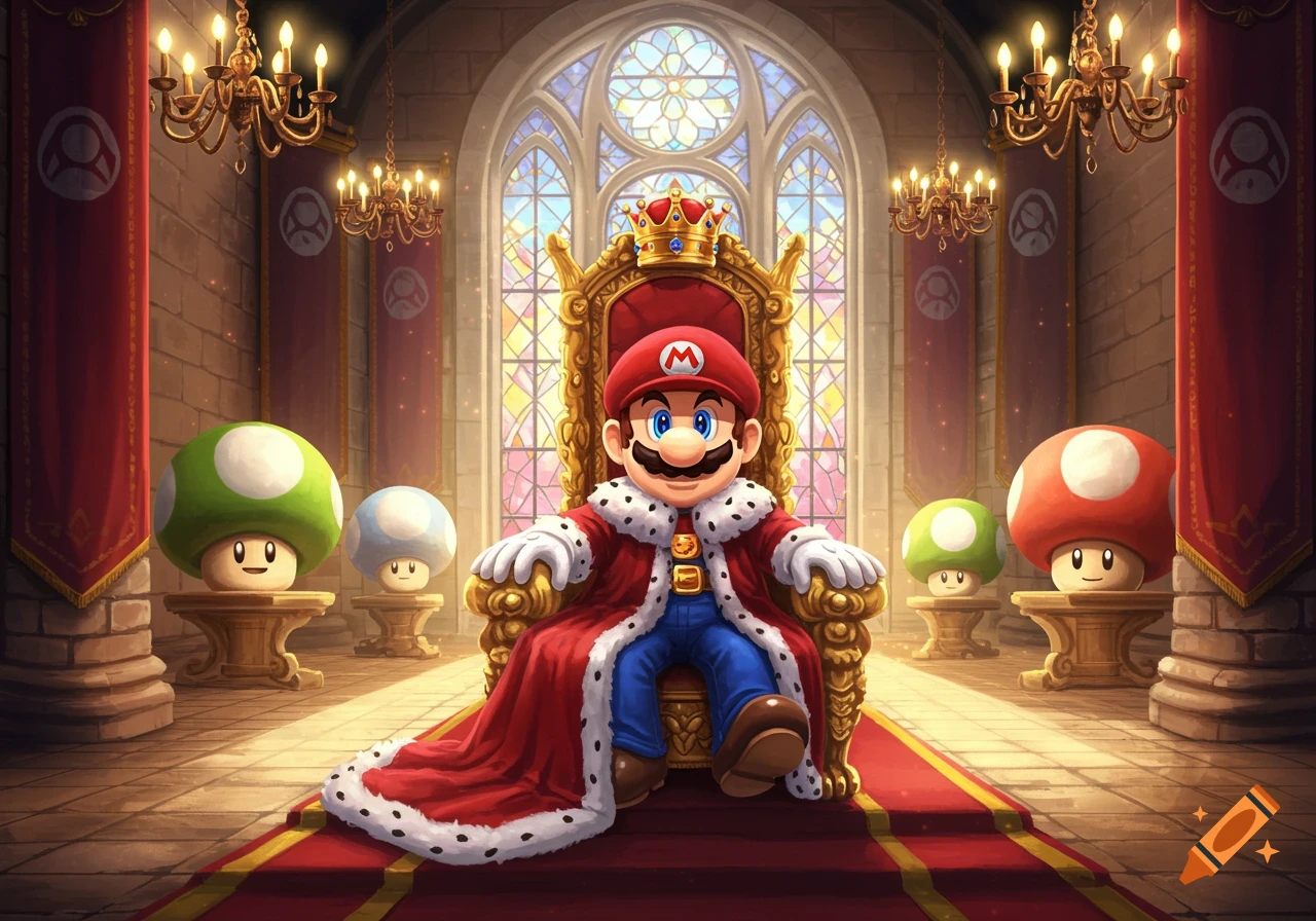 King Mario in a royal blue robe and crown sits on a throne in a castle ...