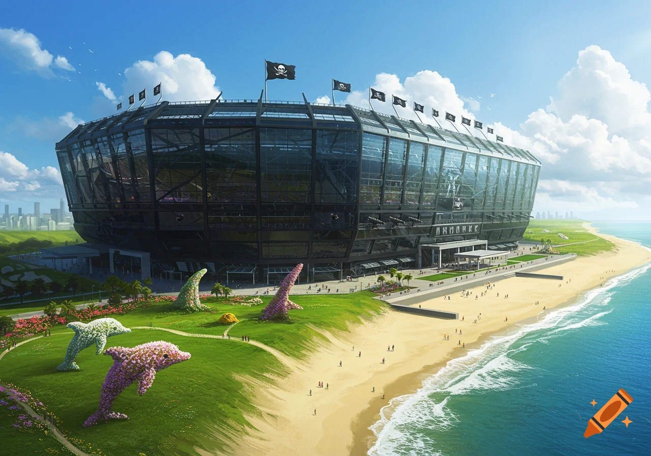 A futuristic black glass pirate ship stadium with flags sits next to a ...
