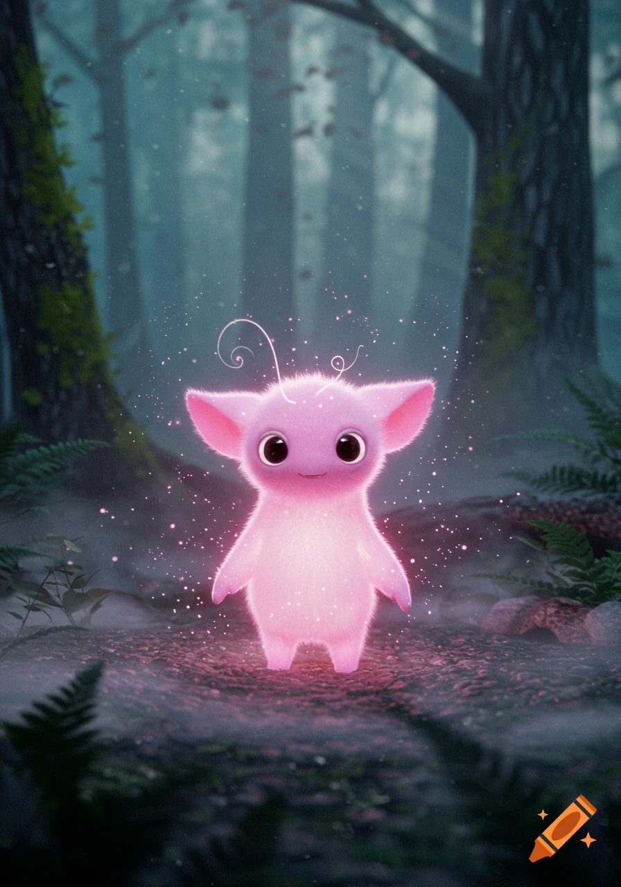A glowing, fluffy pink fantasy creature with large eyes stands in a ...
