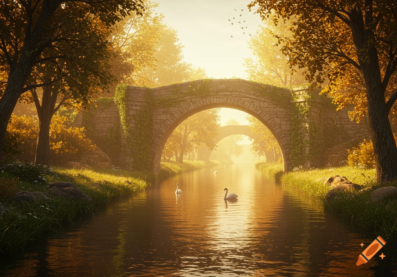 A serene river flows under a stone bridge framed by golden autumn trees ...