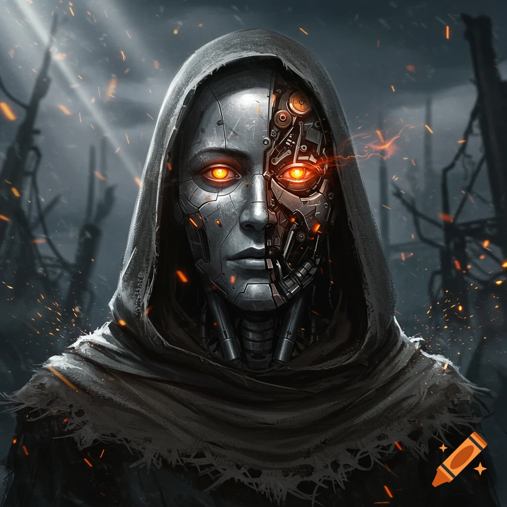A half-broken humanoid robot in a tattered cloak with glowing orange ...