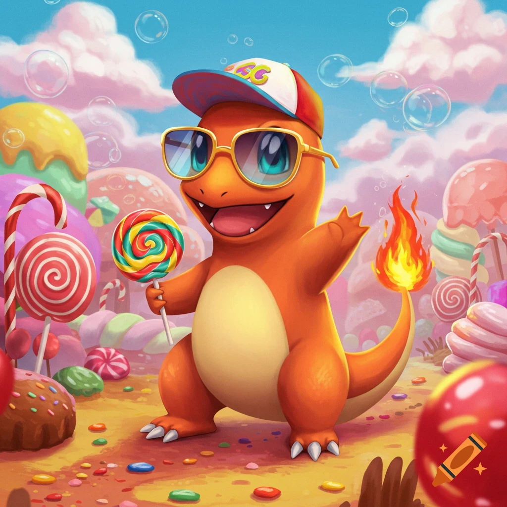 A cartoon Charmander wearing a hat and sunglasses, holding a lollipop ...