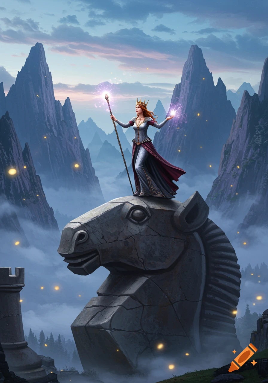 A fantasy queen with a crown and staff stands on a giant stone chess ...