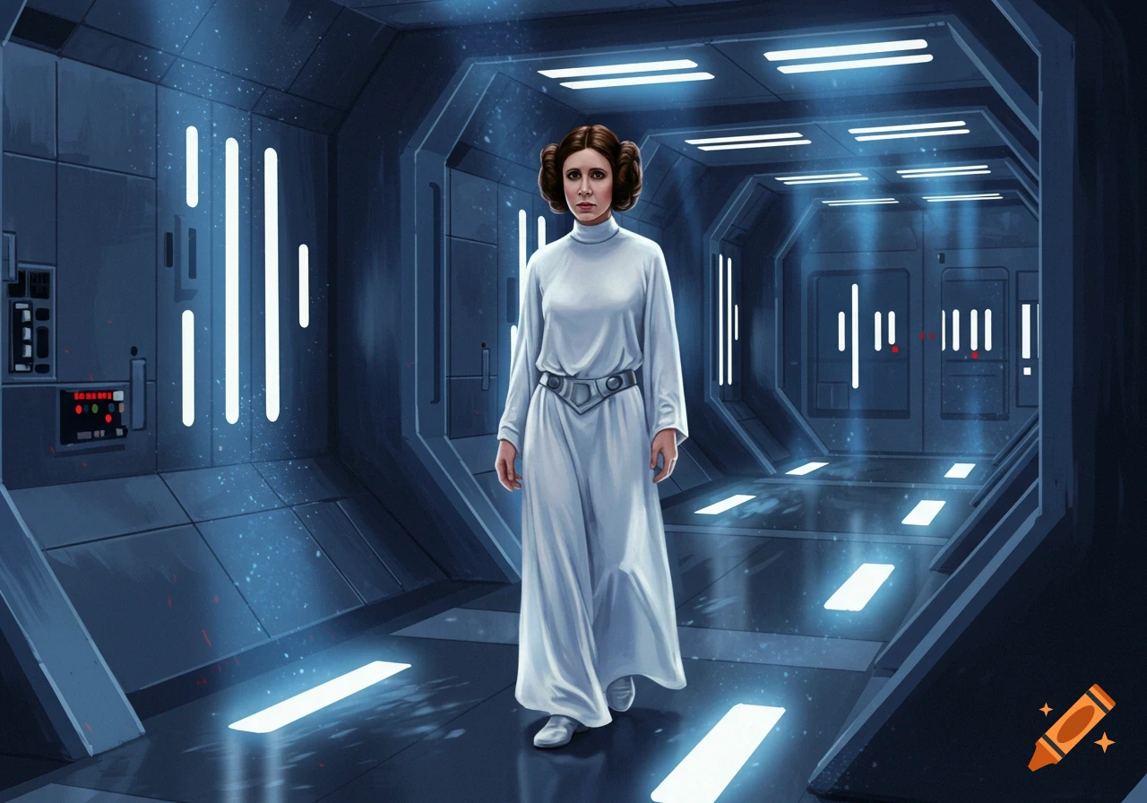 Princess Leia in a white gown stands in a blue, futuristic spaceship ...