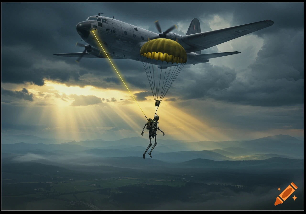 A skeleton paratrooper with a yellow parachute and backpack hangs from ...