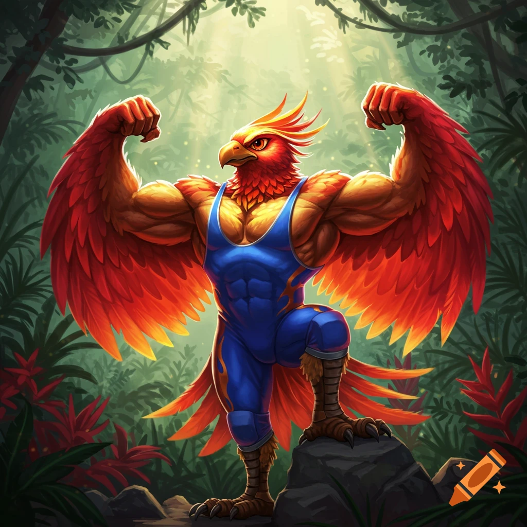 A muscular, red and orange bird, resembling a phoenix, flexes its arms ...