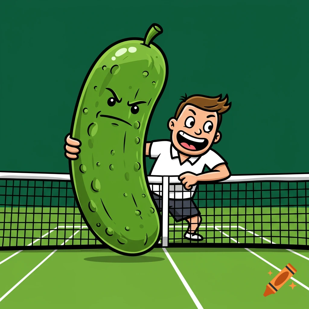 A cartoon man smiles while holding a large, grumpy-looking pickle on a ...