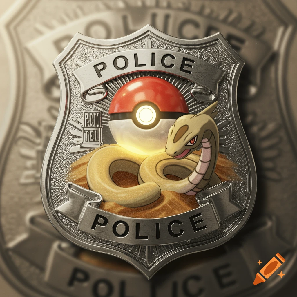 A detailed silver police badge featuring a red and white Pokeball and a ...