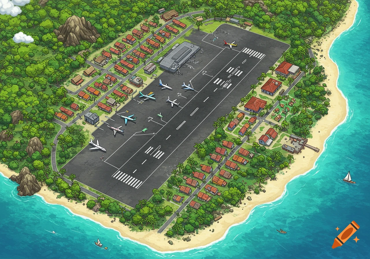 Top-down map illustration of a tropical island featuring an airport ...