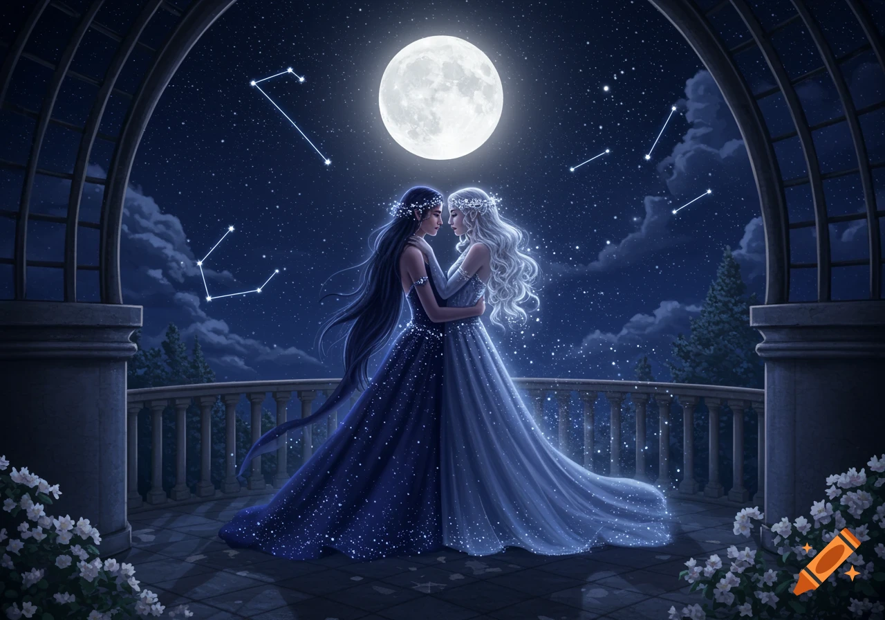 Two goddesses in flowing gowns embrace on a balcony under a full moon ...