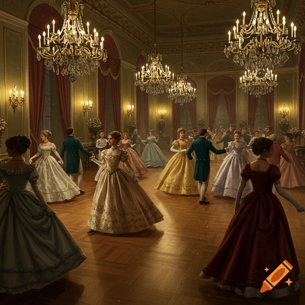 An elegant historical ballroom filled with many elegantly dressed men ...