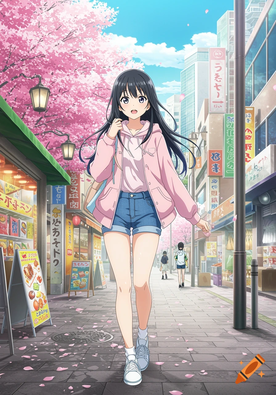 Anime characters and creatures walk a neon-lit city street lined with ...