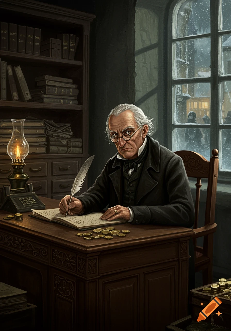 An old, stern-faced man with spectacles and white hair sits at a wooden ...