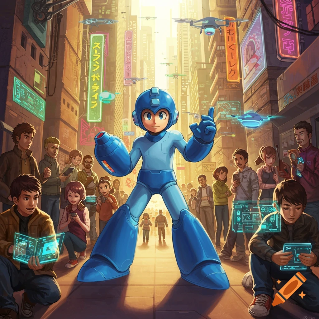 A stylized illustration of Mega Man standing in a futuristic city ...