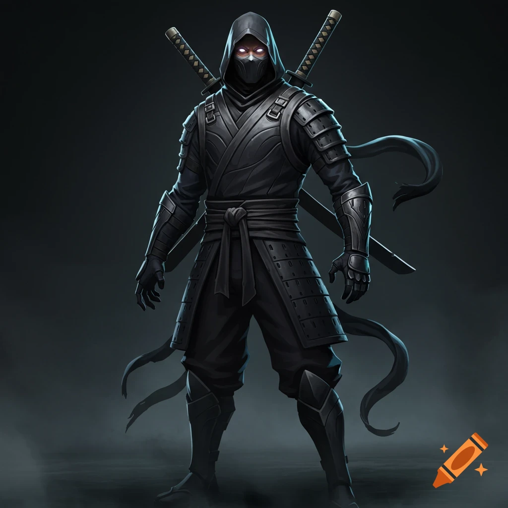 A stylized dark ninja warrior in black armor with glowing eyes and two katanas on his back ...