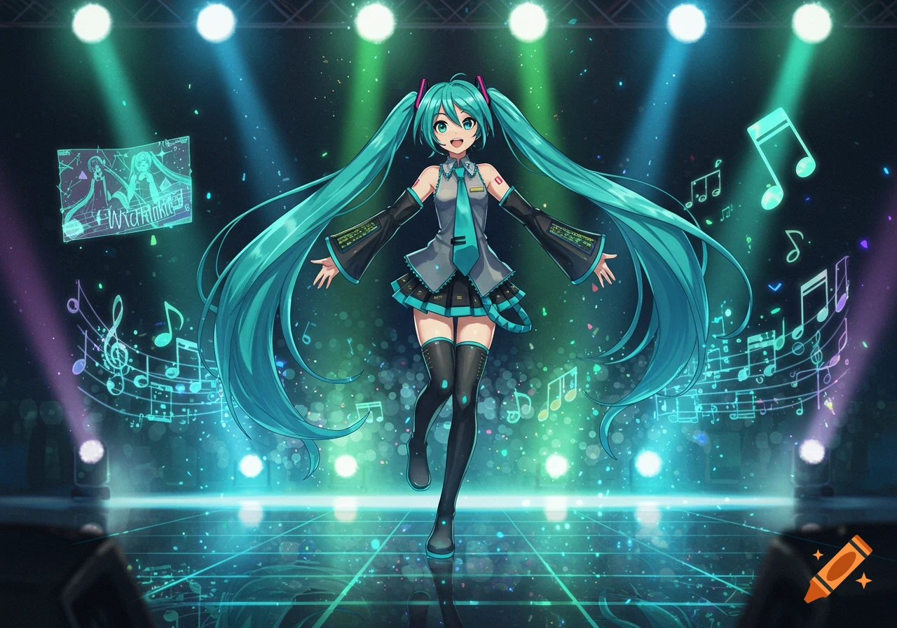 Hatsune Miku performing on a stage with vibrant green and blue lights ...