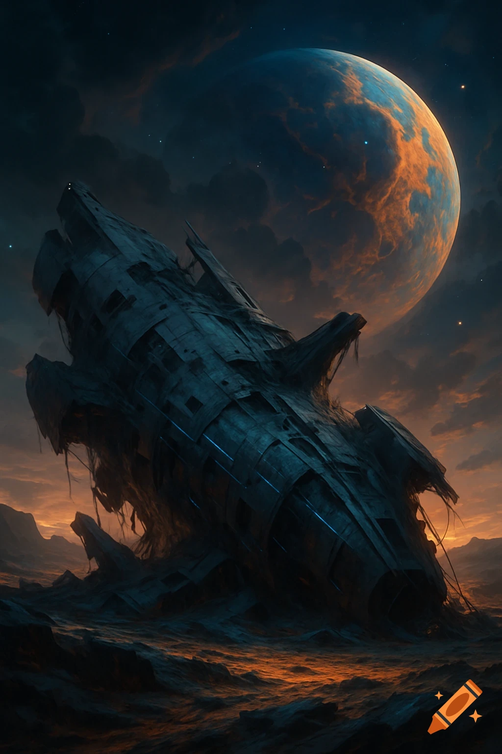 A teal alien with large dark eyes sits by a glowing red river on a ...