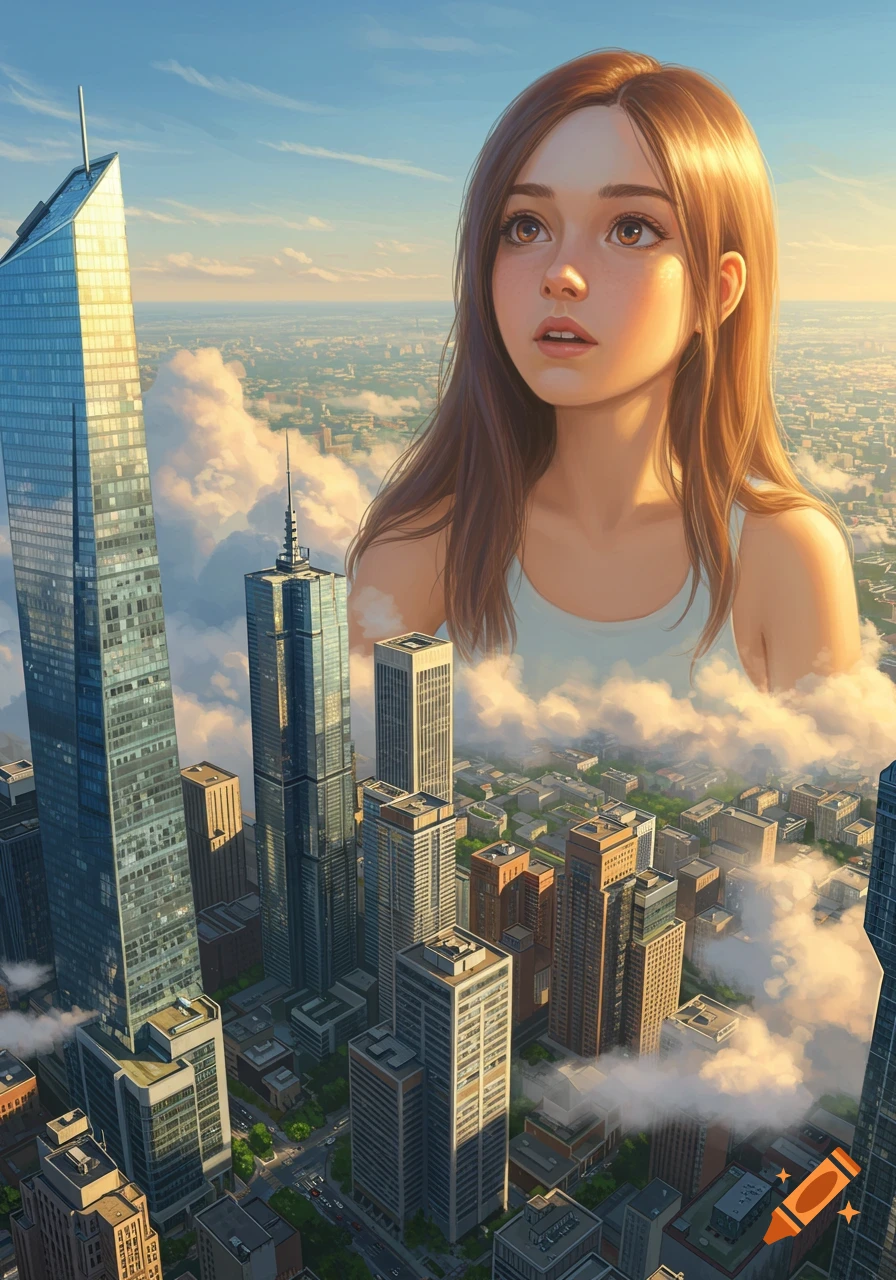 A giant girl overlooks a sprawling cityscape from above the clouds ...