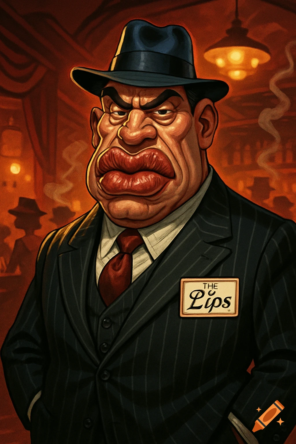 A cartoonish meatball character in a suit with a mustache and glasses ...