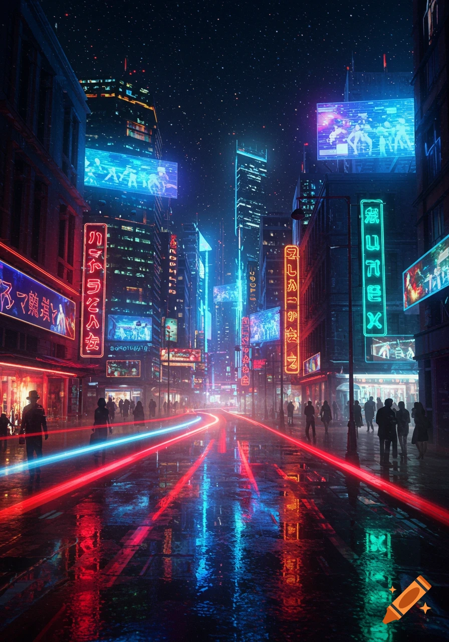 A vibrant, futuristic city street at night, with towering buildings ...