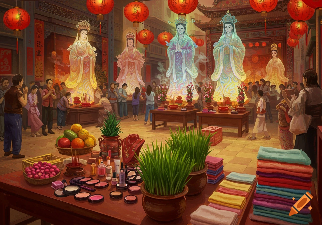 A vibrant artwork of people worshipping deities at the Seven Sisters ...