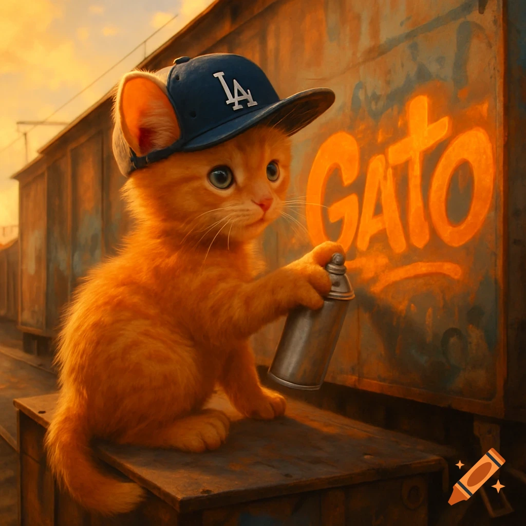 A photorealistic orange kitten wearing a blue LA baseball cap spray ...