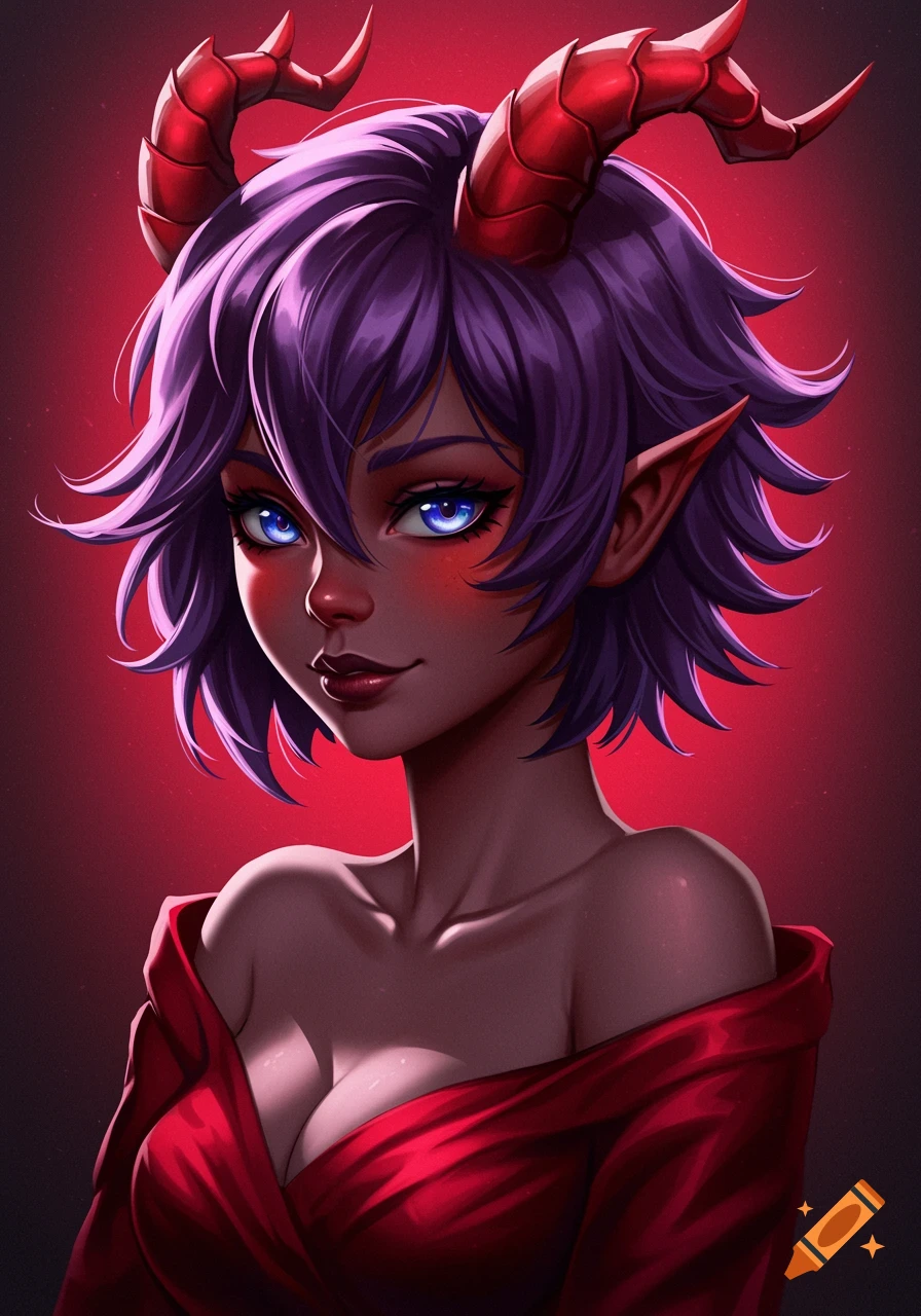 Anime portrait of a red-skinned fantasy woman with red horns, blue eyes ...
