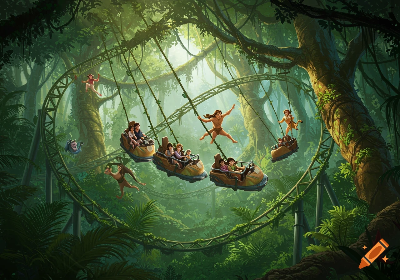 Cartoon illustration of a Tarzan-themed rollercoaster in a lush jungle ...