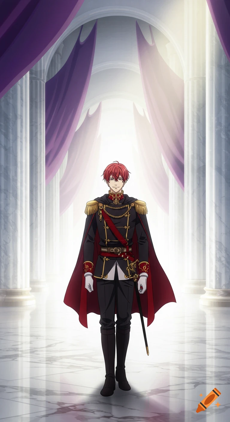 A full-body anime-style medieval nobleman with red hair and red eyes ...